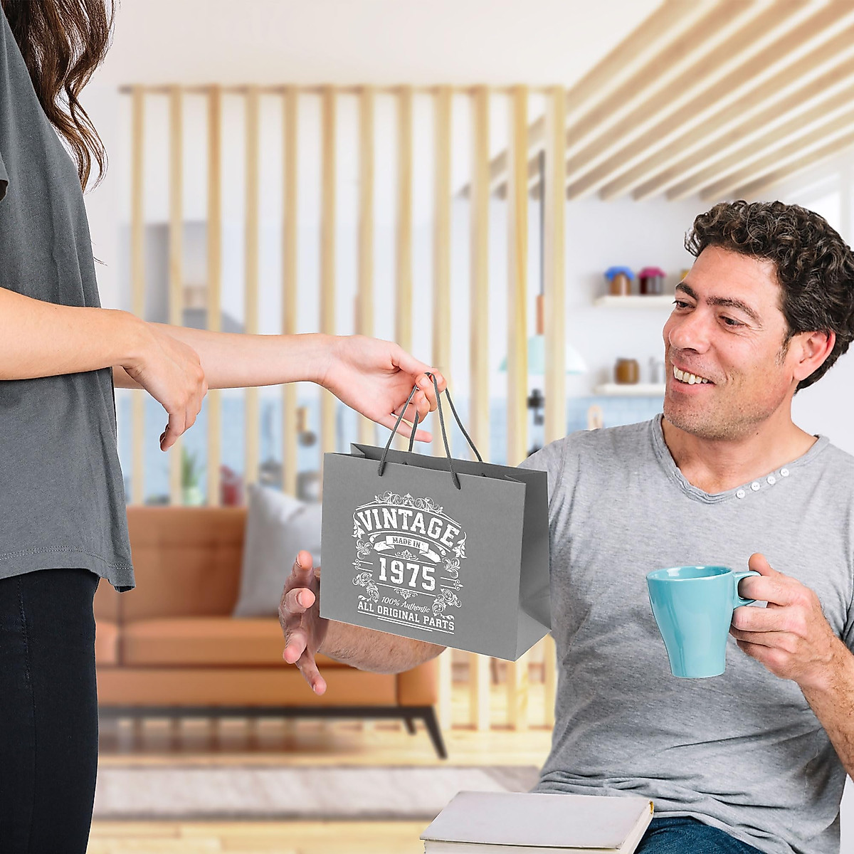 50th Birthday Gift Bags - Grey Paper with Rope Handles - Recycled Eco Friendly Gift Bag - Original Parts 1973 - Medium