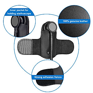 APDTEK Stethoscope Holder with Genuine Leather for Littmann, Most Stethoscope, Stethoscope Holder Hip Clip Holster Accessories for Scrubs for Physicians Students Nurses EMT Right-Hand (Black)