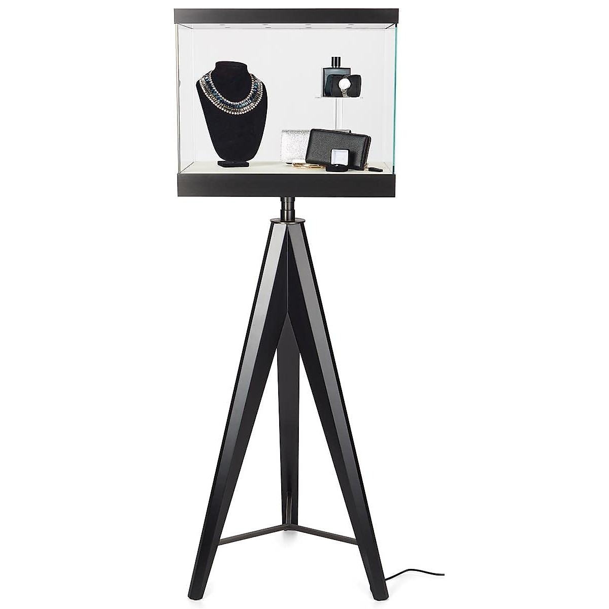 Displays2go 24" Glass Display Case w/ Pull-Out Door, 8 LED Lights, Tripod Legs - Black (DCTRIPLED)