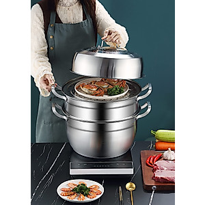 Thick-bottomed Stainless Steel Steamer Pot 2 Tier Food Steamer for Cooking Multipurpose Cookware with Tempered Glass Lid for Vegetable, tamale,Dumpling, egg, Sauce, Food (12.6 INCH)