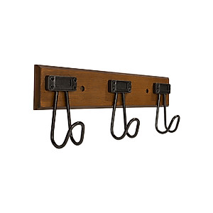 FantasHome 16" Wall Mounted Label Hook Rack with 3 Hooks, Walnut and Soft Iron Finish, for Entryway, Hallway, Bedroom, Bathroom, Walk-in Closet and More - Brown/Black