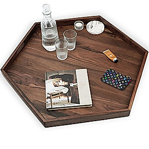MAGIGO 30 x 26 Inches Extra Large Hexagonal Black Walnut Wood Ottoman Tray with Handles, Serve Tea, Coffee, Classic Hexagon Wooden Decorative Serving Tray