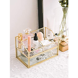 FSyueyun Makeup Organizer for Vanity, Clear Glass Drawer Organization and Storage Jewelry Display Case Gold Cosmetics Storage Lipstick Organizer Tray Perfumes for Bathroom Counter or Dresser