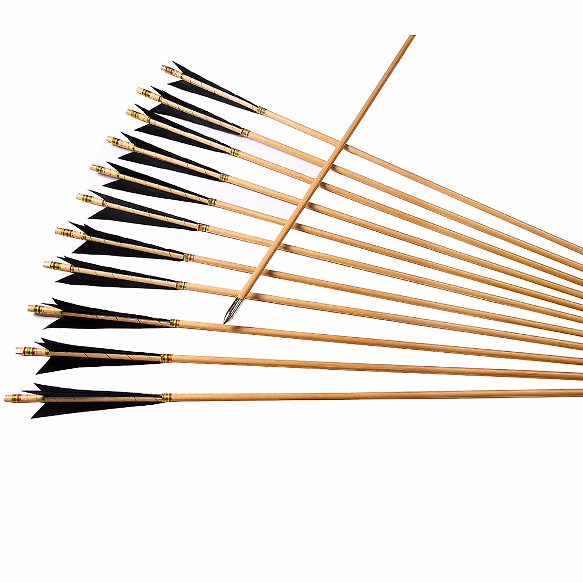 PG1ARCHERY Archery Wooden English Longbow Arrows Practice Targeting Arrow 5.8" Turkey Feathers Fletching with Bullet Points for Recurve & Traditional Bow Black, 12 Pack