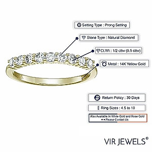 VIR JEWELS 1/2 carat (ctw) Diamond Wedding Anniversary Band for Women, Round Diamond Engagement Ring 14K Yellow Gold 9 Stones Prong Set 0.50 cttw, Size 4.5