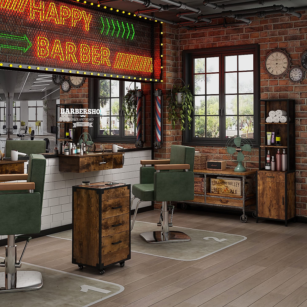 PENNYNANA Rolling Beauty Salon Trolley Cart, Beauty Salon Station with Wheels, Large Storage Space, Power Outlets, Hair Dryer Holders, Salon Spa Equipment, Rustic Brown