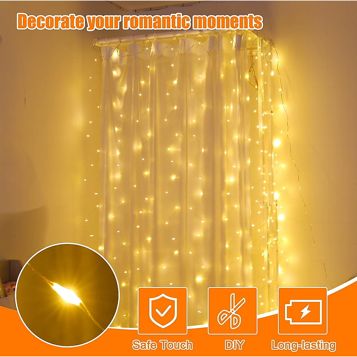 SINAMER White Curtain Light for Bedroom, 300 LED 9.8ft x 9.8ft Curtain String Light with 16 Hooks, 8 Models Remote Control, Window Fairy Light with USB for Wedding Party Home Garden Indoor Decorations
