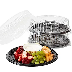 Avant Grub Heavy Duty, Recyclable 12 in. Serving Tray and Lid 3pk. Large, Black Plastic Party Platters with Clear Lids Dishware Plate, Elegant Round Banquet or Catering Trays for Serving