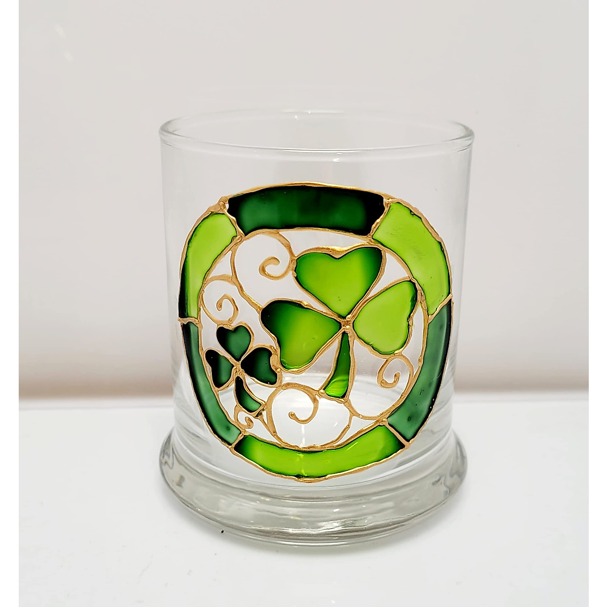 Green Shamrock Four Leaf Clover Hand Painted Stained Glass Candle Holder St Patrick's Day Decor