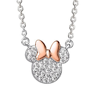 Disney Jewelry, Minnie Mouse Cubic Zirconia Pendant Necklace, Silver Plated, Pink Plated, 16+2" Extender