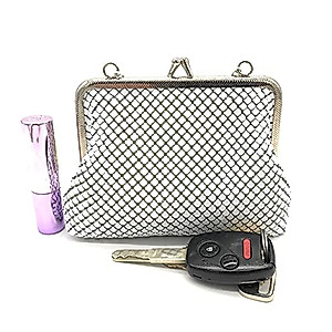 X-Small Women clutch metal mesh purse Hand carry chain for Cocktail Party Prom Wedding Banquet (White)