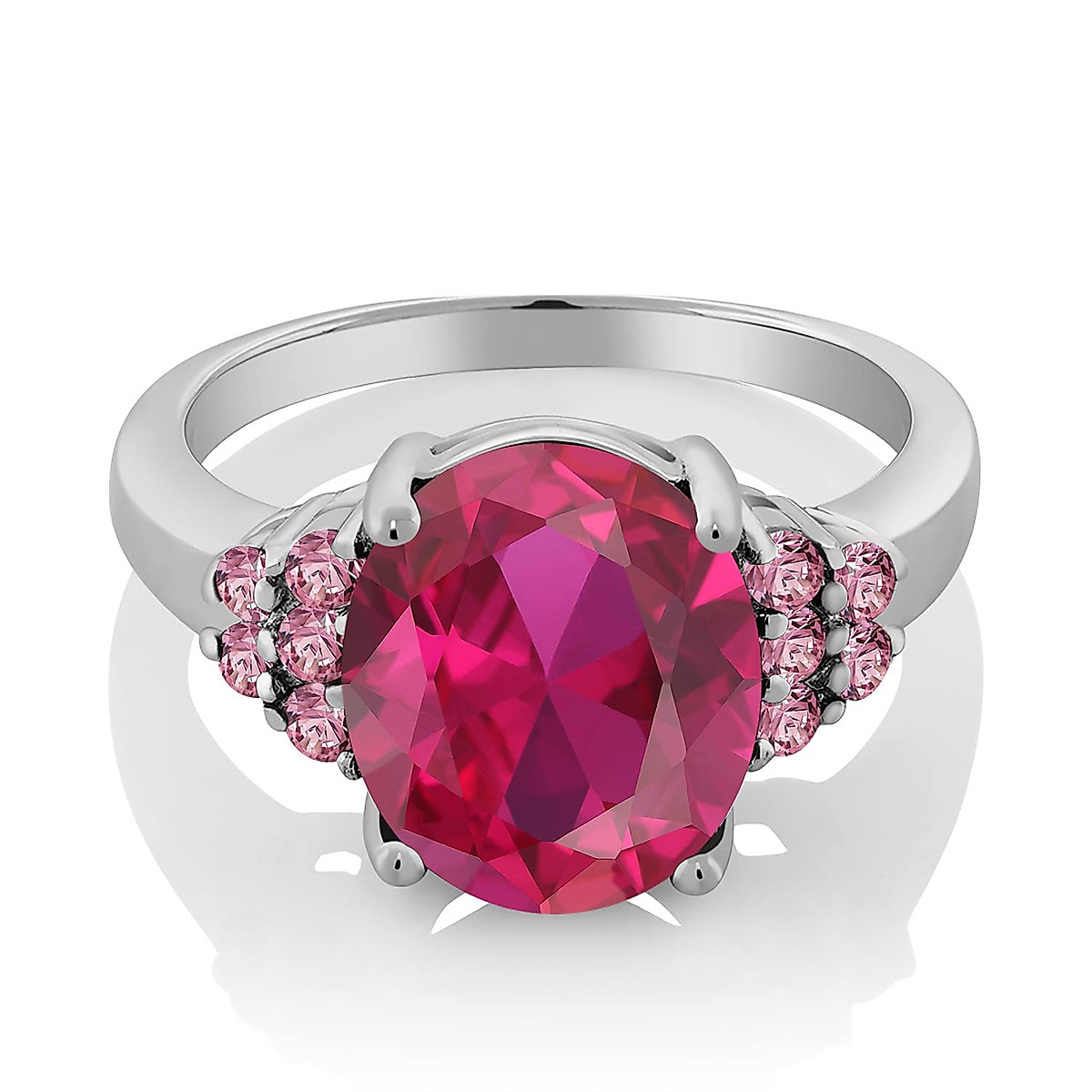Gem Stone King 5.38 Ct Oval Red Created Ruby Pink Lab Grown Diamond 925 Sterling Silver Ring (Size 7)