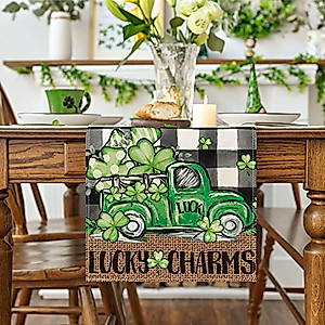 Artoid Mode Buffalo Plaid Truck Shamrock Lucky St. Patrick's Day Table Runner, Spring Holiday Kitchen Dining Table Decoration for Home Party Decor 13 x 72 Inch