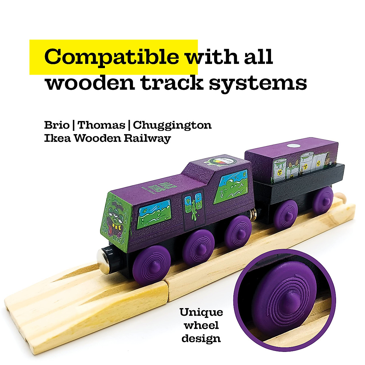 ZANY TRAINS Series 1 - Wooden Train Set with Cargo - Compatible with All Wooden Train Sets - Wooden Train Cars (Toxic Ted)