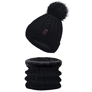 Knit Balaclavas Pom Beanie Hat Scarf Set for Womens Mens Winter Ski Hat Slouchy Skull Cap with Fleece Lined Black