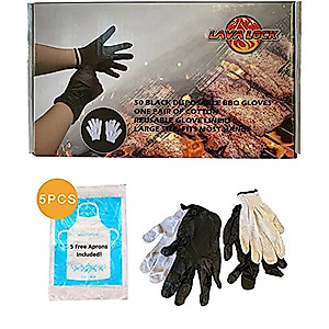 LavaLock Disposable Nitrile BBQ Gloves with Cotton Liners for Outdoor Cooking Grilling Smokers and Barbecue Competition, Chef or Kitchen use (Large 50 Count Black)