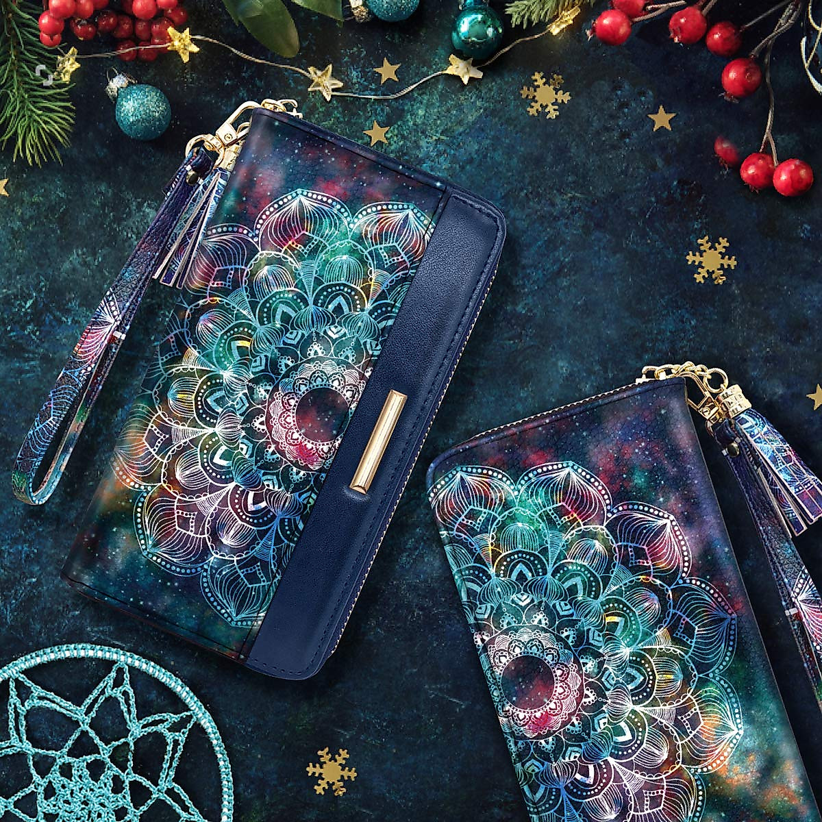 Coco Rossi Women Wallets Multi Card Case Wallet Clutch Wallet Card Holder Organizer Ladies Purse Floral Tassel Wrist strap Purse,Mandala Nebula