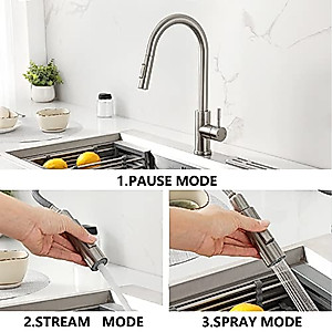 SATICO Single One Hole Single Handle Kitchen Faucet Brushed Nickel Faucet with Pull Down Sprayer Sink Faucet F80105BN Modern Contemporary Faucet in Stainless Steel & Brass cUPC NSF CEC Certified