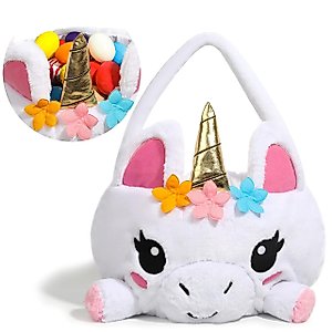 JOYIN Large Unicorn Basket 17" x 10.5", Easter Plush 3D Unicorn Basket for Baby Girls Boys Spring Egg Hunting, Party Supplies, Decorations