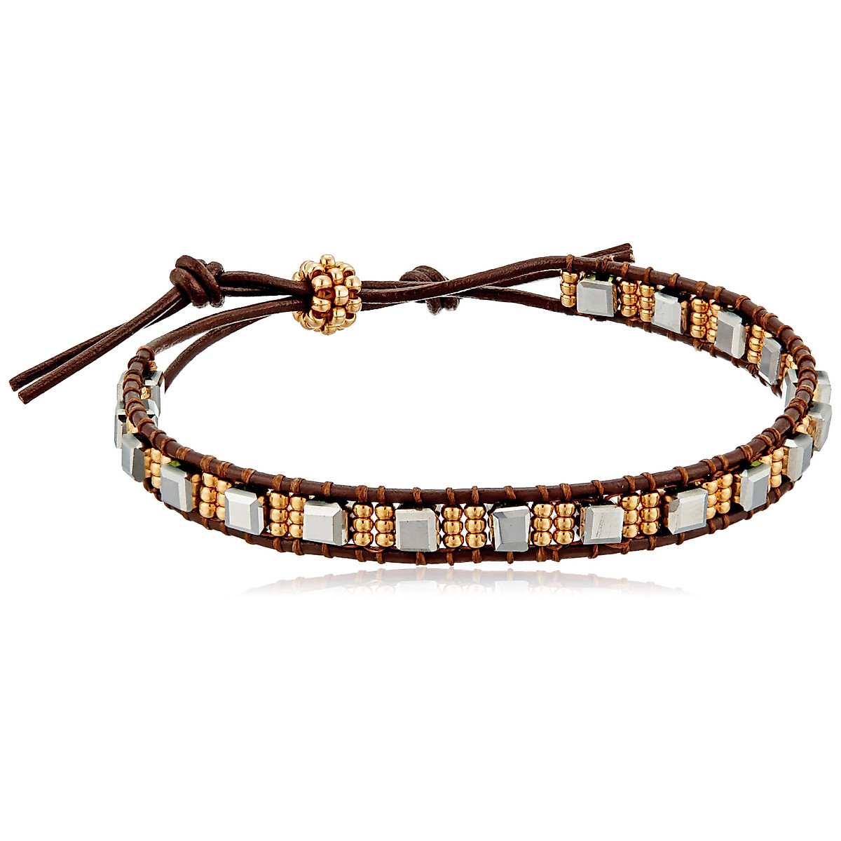 Miguel Ases Pyrite Cube and Miyuki Mixed Metal Single Row Brown Leather Slip Knot Bracelet