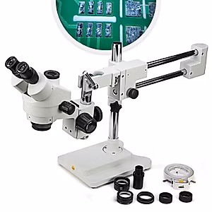 Swift S7 3.5X-90X Professional Simul-Focal Trinocular Stereo Zoom Microscope with WH10x Eyepieces, 0.7X-4.5X Objective,144 LED Ring Light, Double Arm Boom Stand, Includes 0.5X and 2.0X Barlow Lens