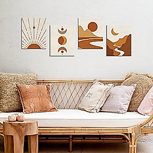 Creoate Boho Wall Art, 4 Pieces Mid Century Wall Art Sun Moon Boho Canvas Print Framed Set Artwork for Living Room Bedroom Wall Decor
