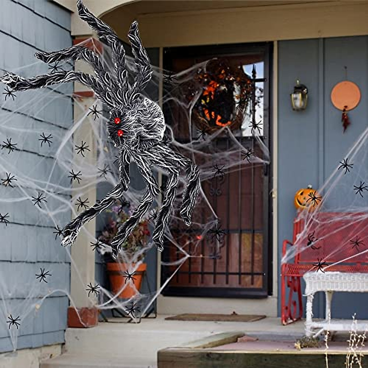 YUJUN Halloween Giant Spider Decorations 59'', Halloween Web Decor Scary Giant Spider with 100PCS Small Fake Plastic Spiders 275'' Giant Spider Webs for Halloween Outdoor and Indoor Decoration