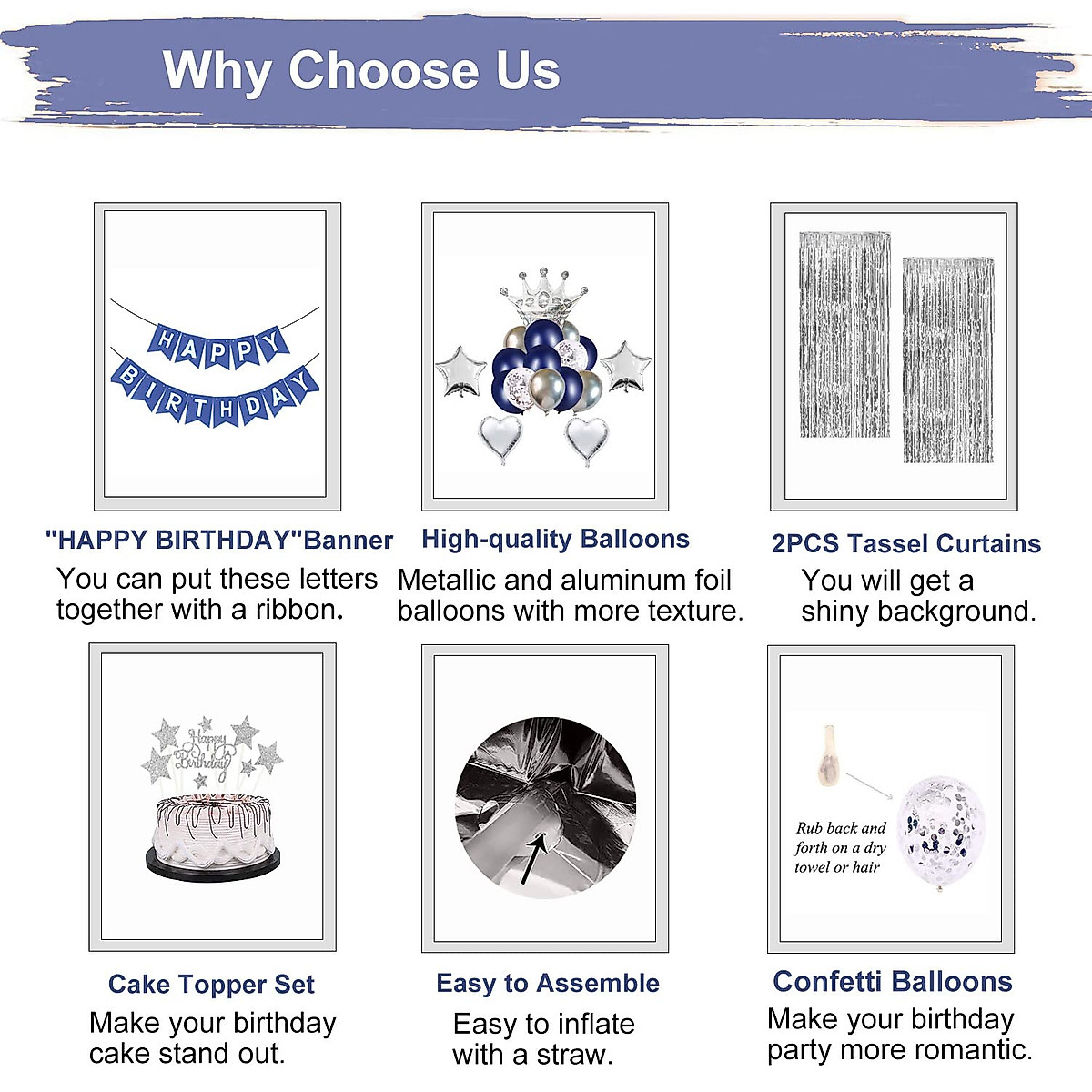 Navy Blue Silver Happy Birthday Party Decorations Set for Men Boys Women Girls, Banner, Crown Balloon, Fringe Curtains, Cake Topper for 13th 16th 18th 21st 25th 30th 40th 50th 60th 70th Party Supplies