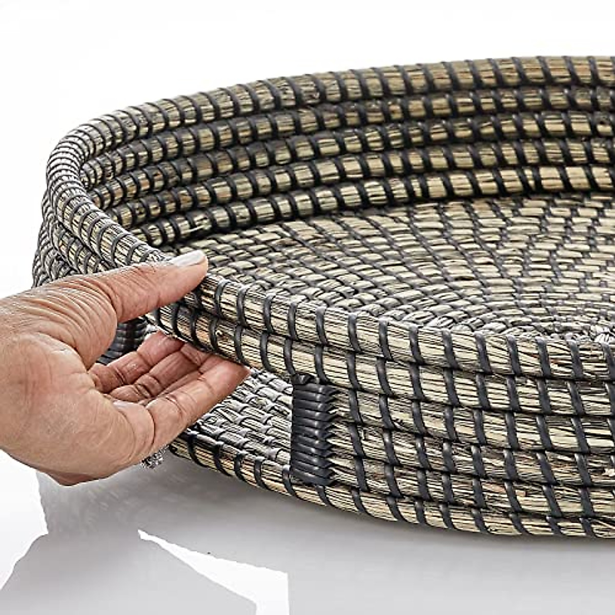 mDesign Seagrass Woven Large Decorative 18" Round Basket Serving Tray w/Built-In Handles for Kitchen, Coffee Table, Wall Decor, Ottoman; For Storage, Centerpiece Display - Black