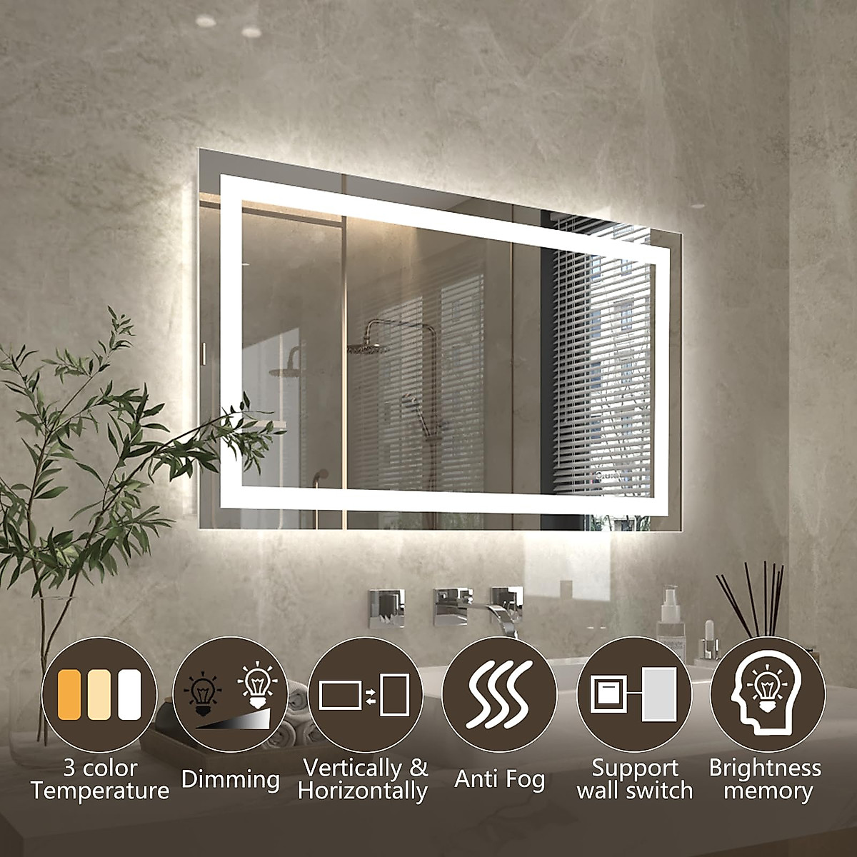 ExBrite 40x24 Inches LED Bathroom Lighted Mirror,Wall Mounted Mirror,Anti Fog,Dimmable,Dual Lighting Mode,Tempered Glass