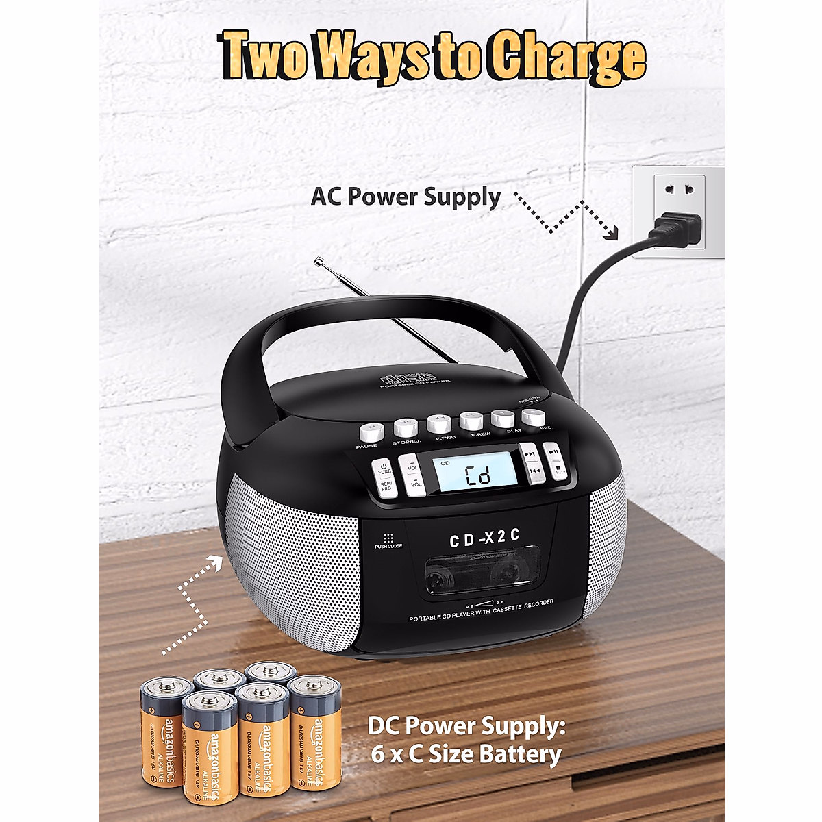 Sunoony CD and Cassette Player Combo, Boombox CD Player Portable with AM/FM Radio, Tape Recording, Stereo Sound, AC/DC Powered, AUX/Headphone Jack, Sleep Timer for Home, Senior, Child