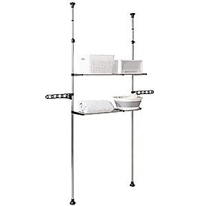 Hershii 2 Tier Over The Toilet Storage Rack Laundry Shelf Double Tension Poles Above Washer Dryer Organizer Unit Bathroom Space Saver Clothes Hanger Rods, Adjustable Height & Width - Black