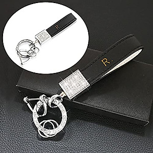 Leather Keychain Bling Keychain for Women Anti-Lost D-Ring Car Keychain Fashion Rhinestone Purse Charms for Handbags (Black)