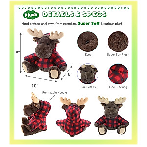 DolliBu Plush Moose with Red Plaid Hoodie - Soft Huggable Wild Life Moose, Adorable Playtime Zoo Moose Plush with Clothes, Cute Wildlife Cuddle Gift for Kids and Adults