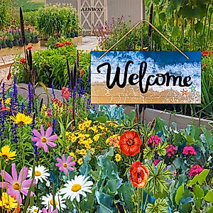 Welcome Hanging Wooden Sign - Welcome Wall Sign, Beaches and Starfish Door Sign, Ocean Theme Plaque Decoration