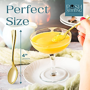 Posh Setting - Plastic Mini Spoons, Gold Mini Spoons, Gold Plastic Mini Dessert Spoons, Disposable Tiny Gold Spoons, 4 inch Mini Spoons for Appetizers, Taster Spoons, Ice Cream Spoons (36 Pack)