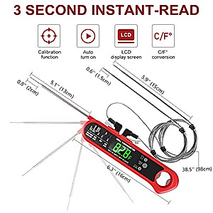 3 in 1 Digital Meat Thermometer, Instant Read Food Thermometer with 2 Detachable Wired Probe, Calibration, Alarm Function, LCD Backlight for Grilling, Cooking, BBQ, Kitchen