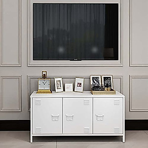 MIOCASA 3 Door Metal Locker TV Cabinet with Shelf Industrial Steel Storage Cabinet TV Stand Entertainment Media Console Table for Living Room,Bedroom, Garage, Office (White)