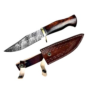 Custom Handmade Damascus Steel Hunting Survival Knife with Leather Sheath EDC 10.25" Overall Walnut Wood Handle and Brass Guard