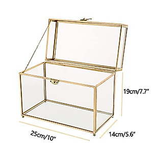 NATGAI Glass Card Box Large Geometric Terrarium Gold Handmade Brass Vintage Rectangle Shape with Foot (10 x 5.6 x 7.7 inches)