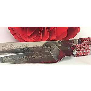 Mis Quince Anos Sweet 15 Birthday Cake Knife and Server Set Red Rhinestones