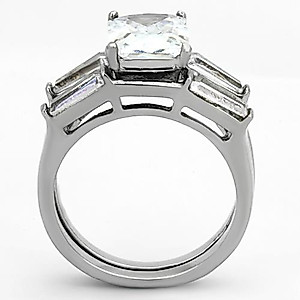 Marimor Jewelry 4.45 Carat Emerald Cut Zirconia Stainless Steel Engagement Wedding Ring Set Size 5