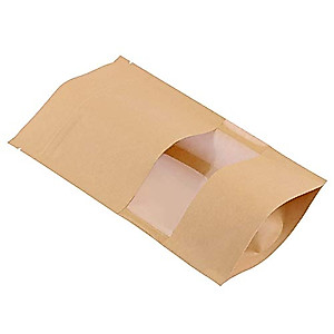 Katfort Stand Up Pouches 100pcs, 7.8''×4.6'' Resealable Bags for Small Business, Resealable Kraft Paper Bags with Window, Paper Bakery Bag for Small Business, Family, Company