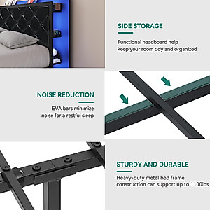 YITAHOME Queen Bed Frame with Headboard & 4 Storage Drawers, Modern Upholstered Faux Leather Platform Bed with RGB LED Lights & USB-C Charging Ports, No Box Spring Needed, Black