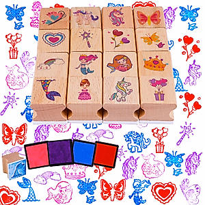 HOWAF 16pcs Wooden Stamps for Kids Girls Crafts with Ink Pad 4pcs, Unicorn Mermaid Princess Heart Rainbow Butterfly Stamps for Girls DIY Scrapbook Card Making, Party Bag Fillers Favor for Girls Gift