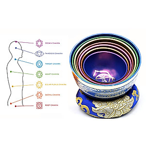 Chakra Healing Tibetan Singing Bowl Set~ Seven Chakra Color with Symbols ~Sizes from 2.5" to 5” for Meditation,Sound Healing, Sound Therapy & Mindfulness ~ Mallets, Cushions & Carrying Case included