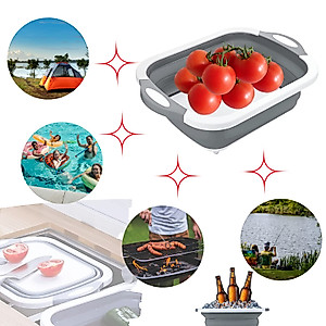 Collapsible Cutting Board with Wash Basin and Drainage Hole; BBQ Prep Tub and Camping Cutting Board; Space-Saving Collapsible Camping Dish Tub Sink RV and Camper Kitchen Must Have Accessory Grey