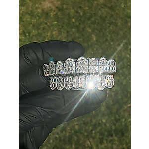 14k Baguette Set 8 teeth White Joker Gold Grillz for Mouth Top Hip Hop Teeth Diamond Grills for Teeth Mouth Grillz for Mouth Top Bottom Hip Hop 8 Teeth Grills for Teeth Mouth Set - Teeth Cap