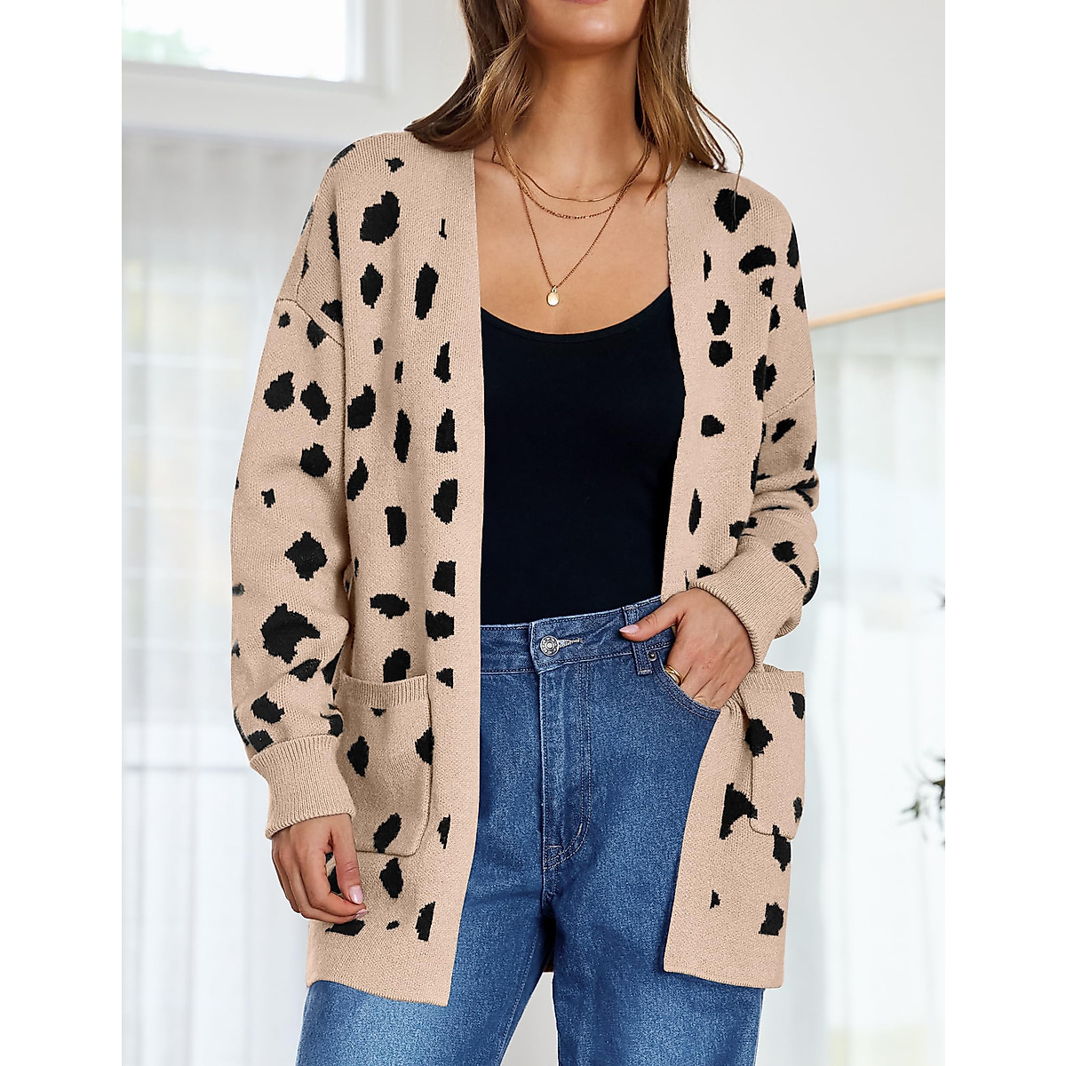 ZESICA Women's Fall Winter Long Sleeves Open Front Leopard Print Knitted Sweater Cardigan Coat Outwear,A Beige,Medium