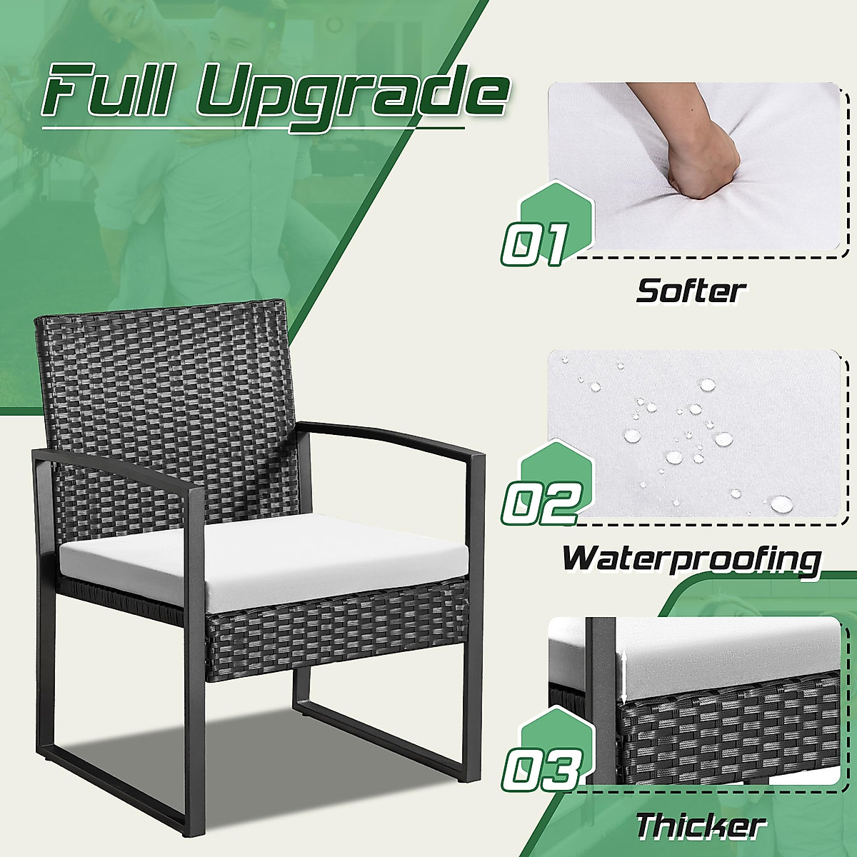 Homall Balcony 3 Piece Furniture Table Garden Backyard Outdoor Patio Use Porch Chairs Cushioned PE Wicker Bistro Set Rattan (White)